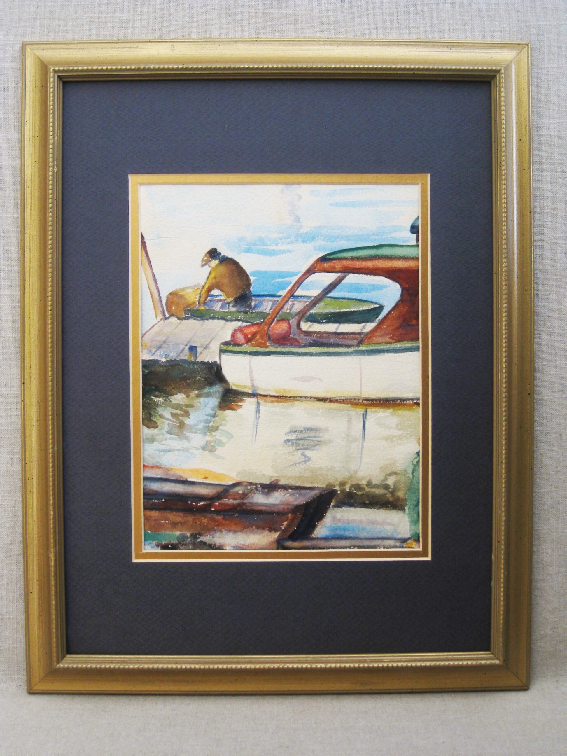 Vintage Male Portrait Landscape Watercolor Painting Boat Dock Waters