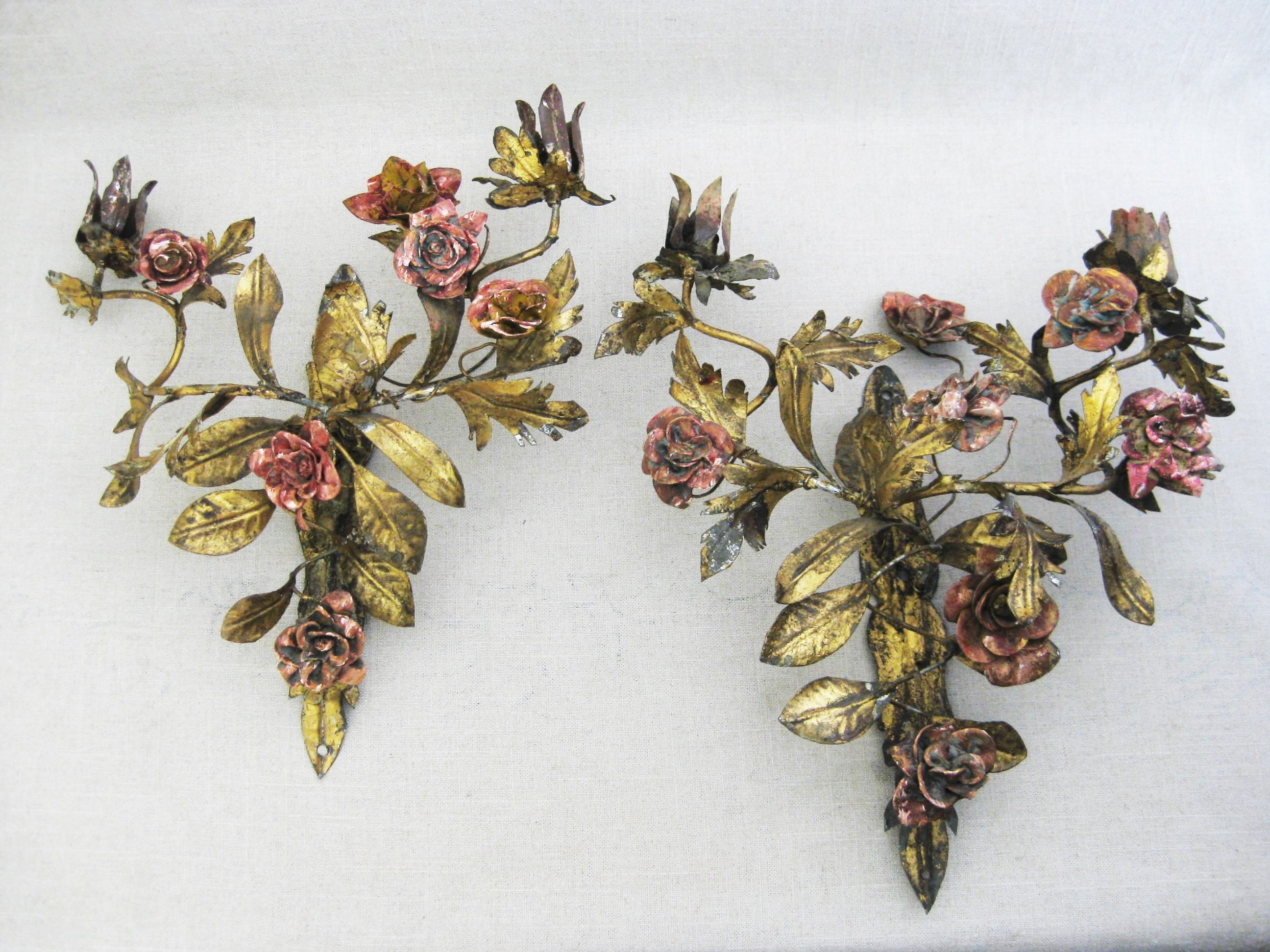 Vintage Italian Metal Tole Wall Sconces, Gold Gilt Floral Wall Decor