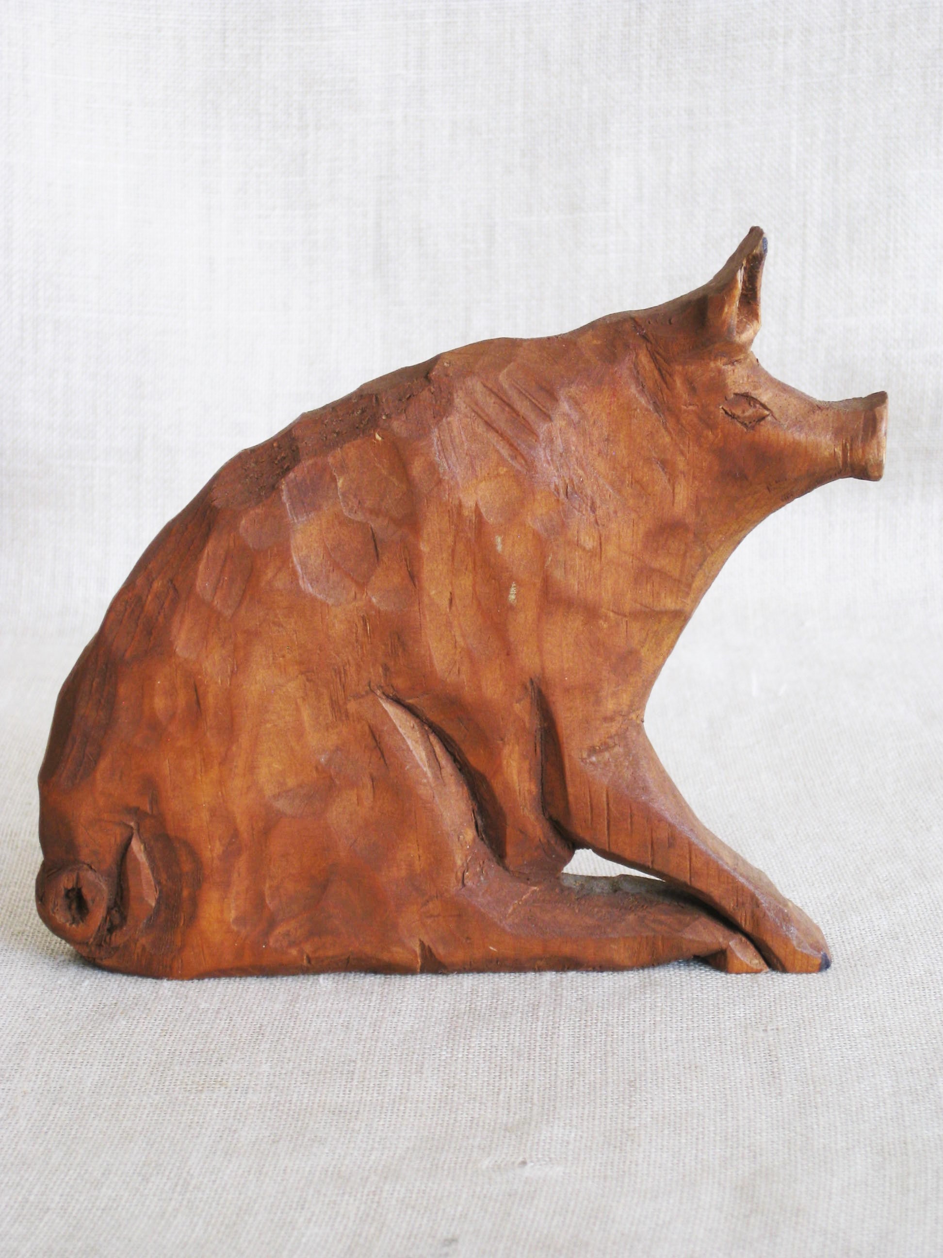 Vintage Hand Carved Folk Art Wooden Pig Sculpture, Signed, Dated ...
