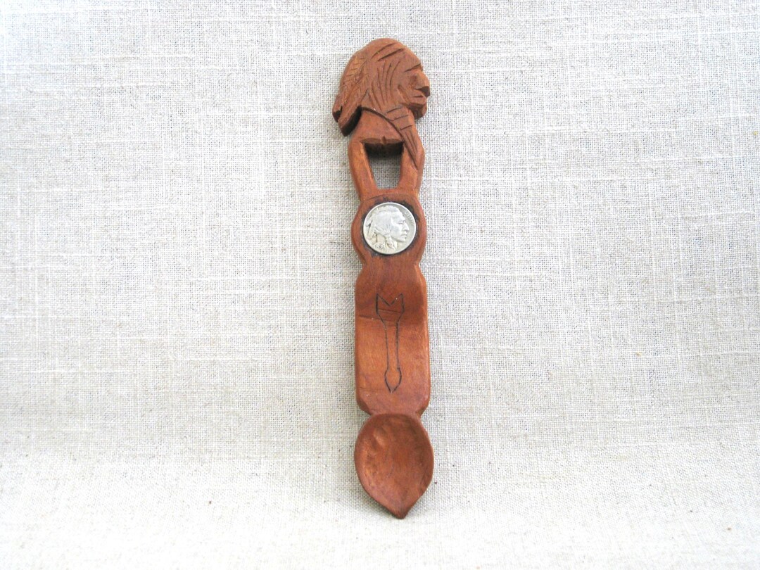 Loving Spoon Wooden Folk Art Indian Head Nickle, Vintage Hand Carved ...