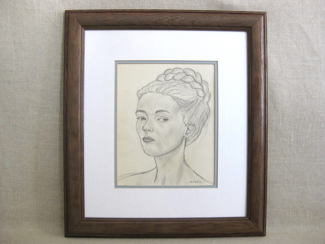 Vintage Female Portrait Drawing, Original Pencil on Paper Framed Hilda ...