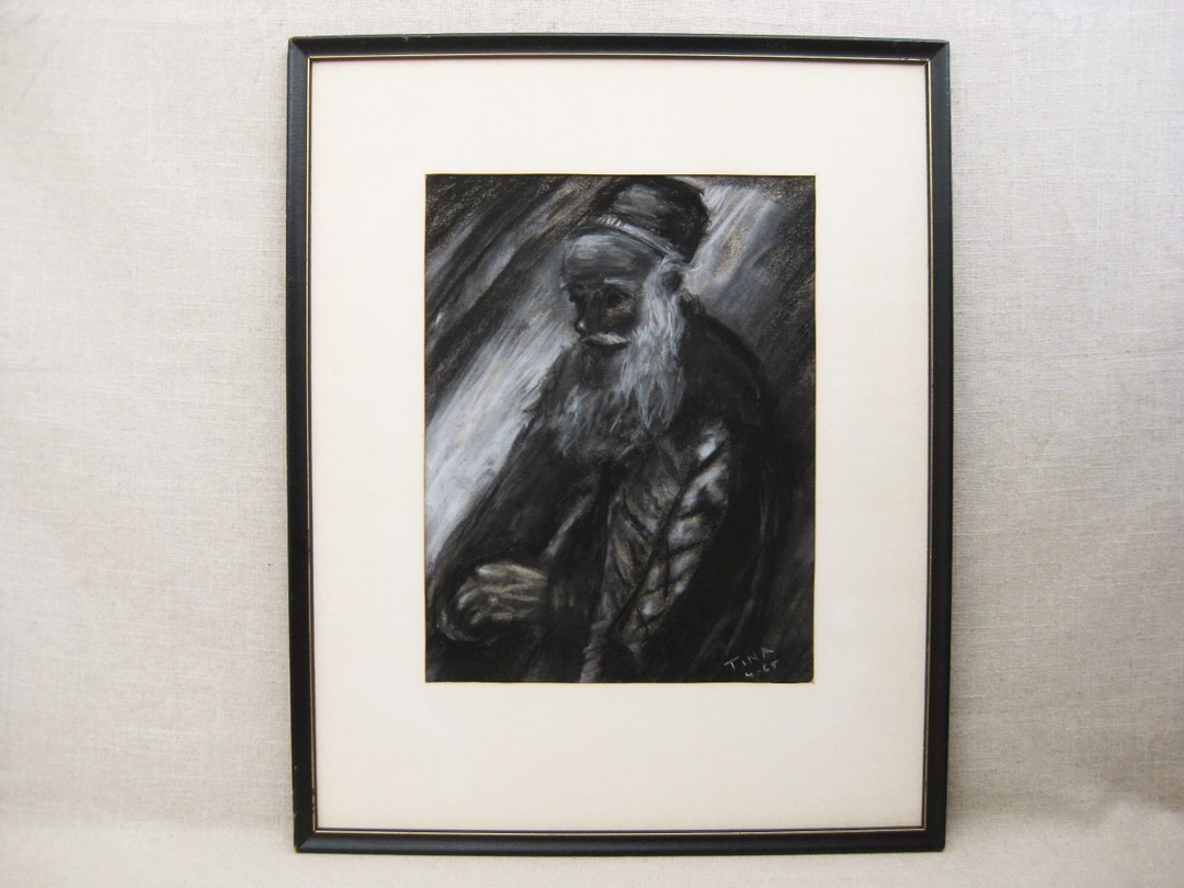 Male Portrait Jewish Rabbi, Fine Art Drawing Original, Framed Charcoal ...