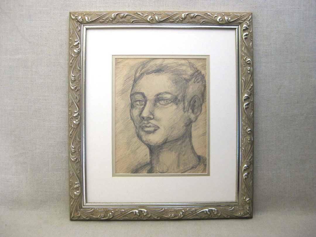 Vintage Female Portrait Drawing Framed Original Wall Art Feminine Home ...