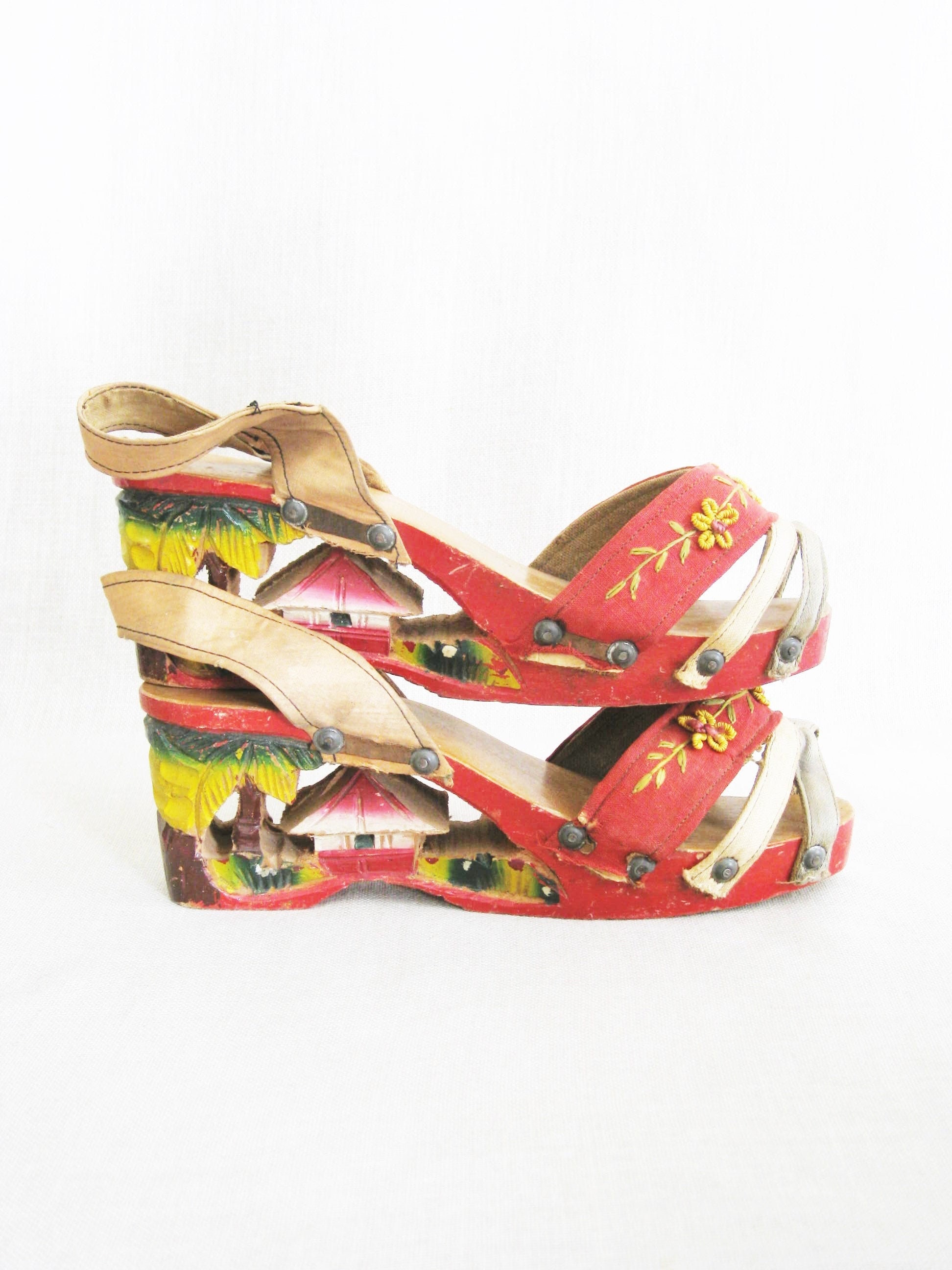 Vintage Platform Sandals, Shoes Hand Carved, Embroidered Fabric, Wooden ...