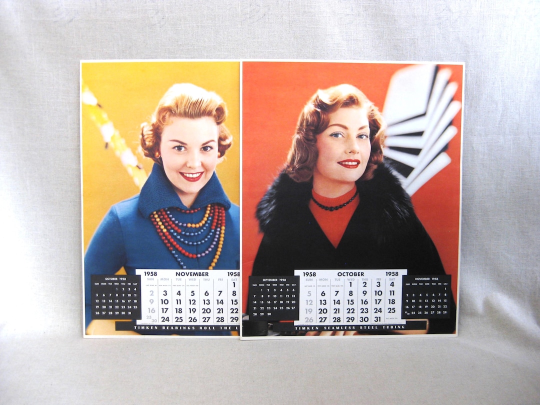 Authentic Pin-up Calendars 1958, Pair October November, Female Portrait ...