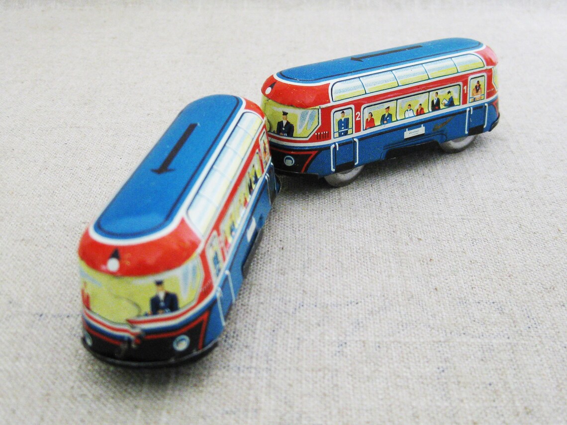 Vintage Tin Wind up Double Bus Toy, Metal Train Cars Litho Printed ...