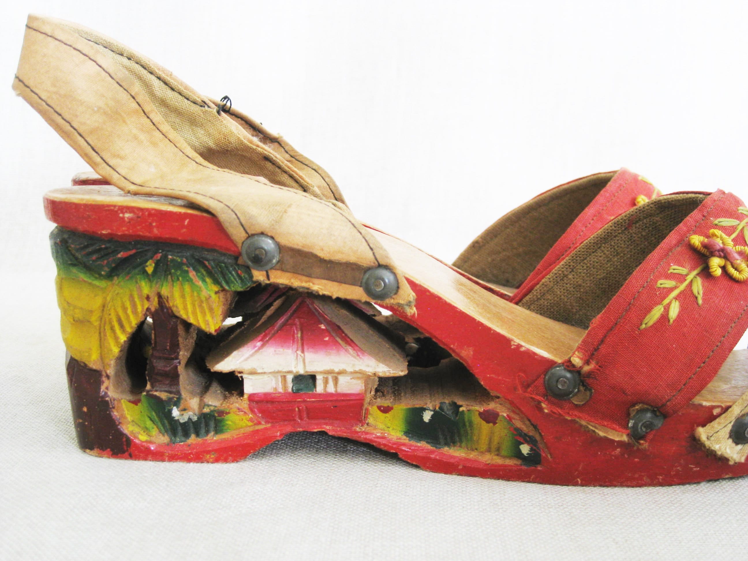 Vintage Platform Sandals, Shoes Hand Carved, Embroidered Fabric, Wooden ...