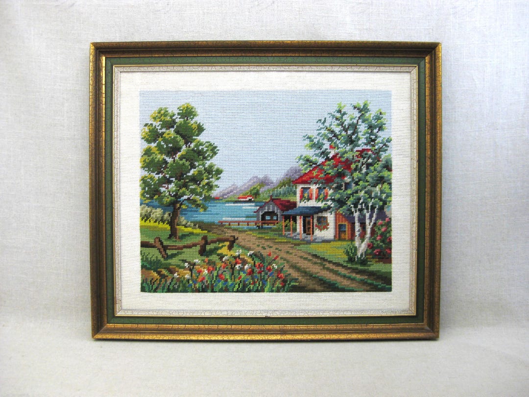 Large Landscape Needlepoint, Original Framed Vintage Hand Embroidery ...