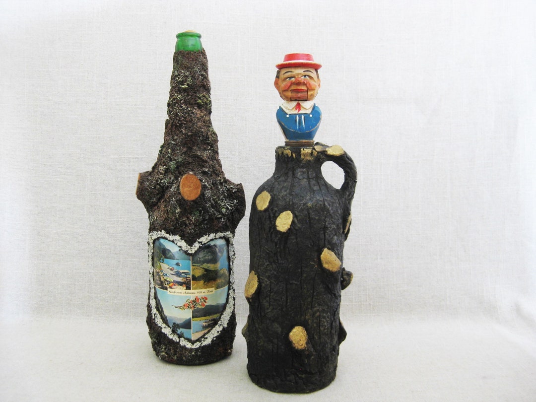 Rustic Folk Art Bottles With Figural Stopper, Primitive Decanter Cabin ...