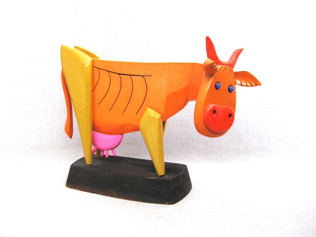 Vintage Modern Cow Sculpture, Contemporary Folk Art Colorful Rustic ...