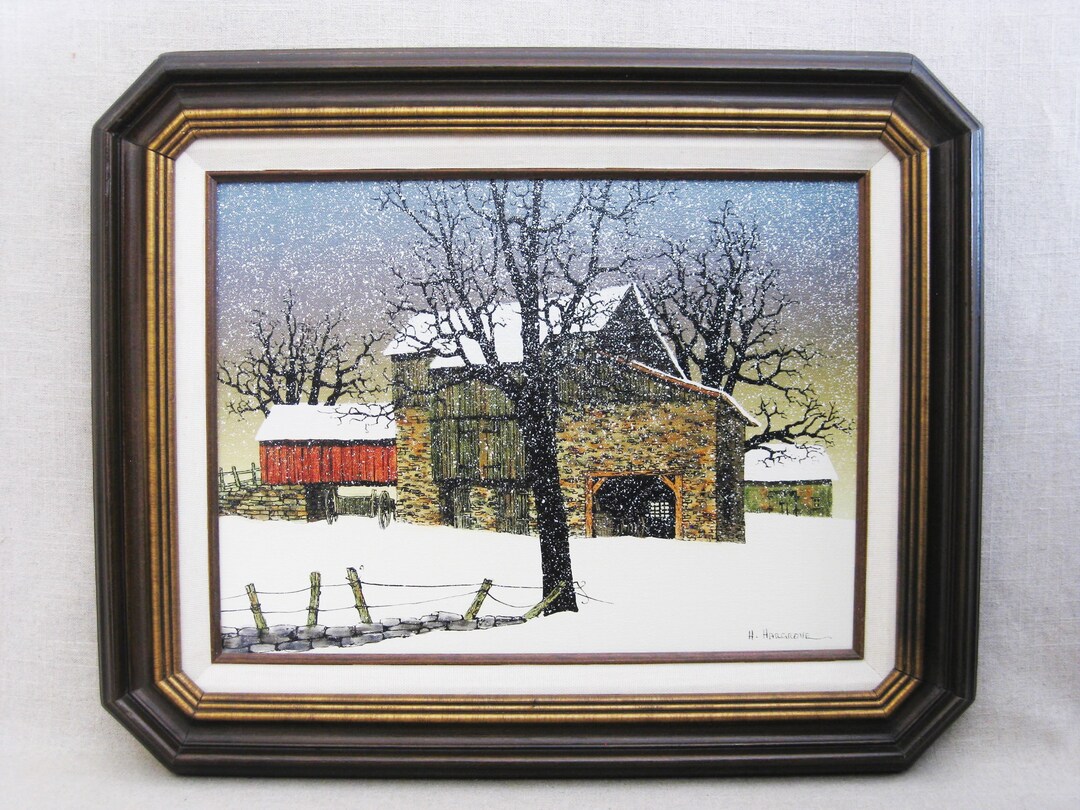 Barn Winter Landscape Painting, H Hargrove Rustic Rural Vintage Framed ...