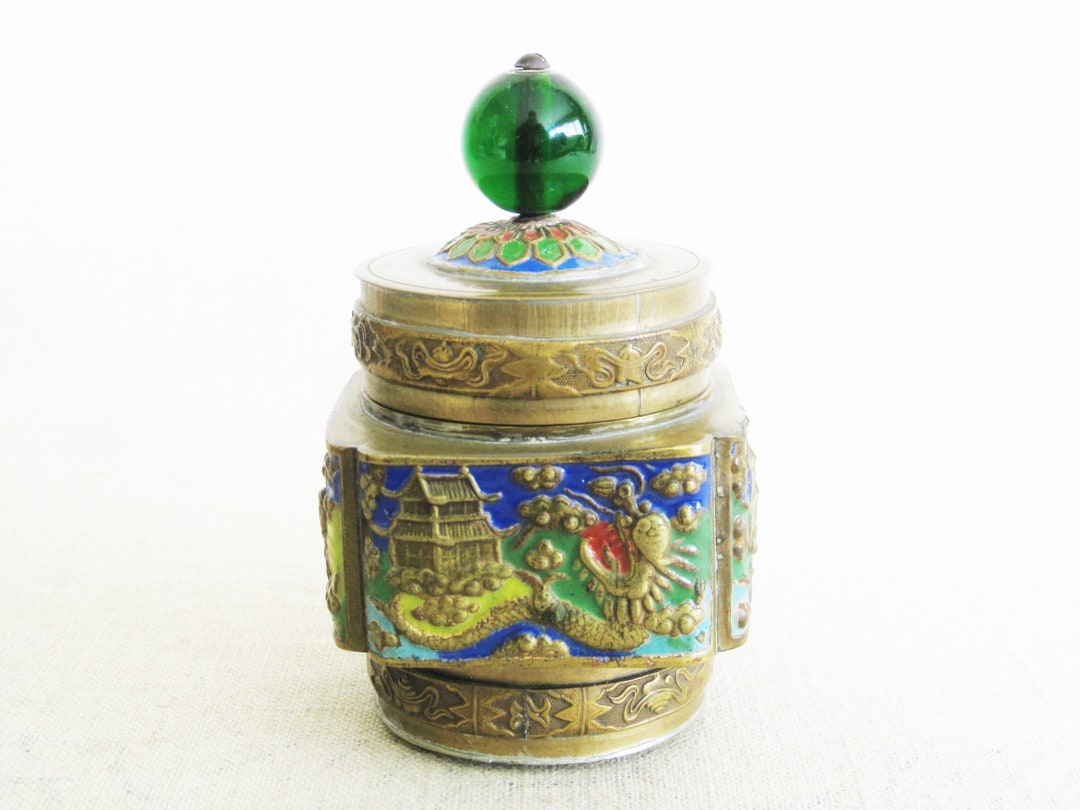 Vintage Brass Enamel Trinket Box Metal Desk Storage and Organization ...