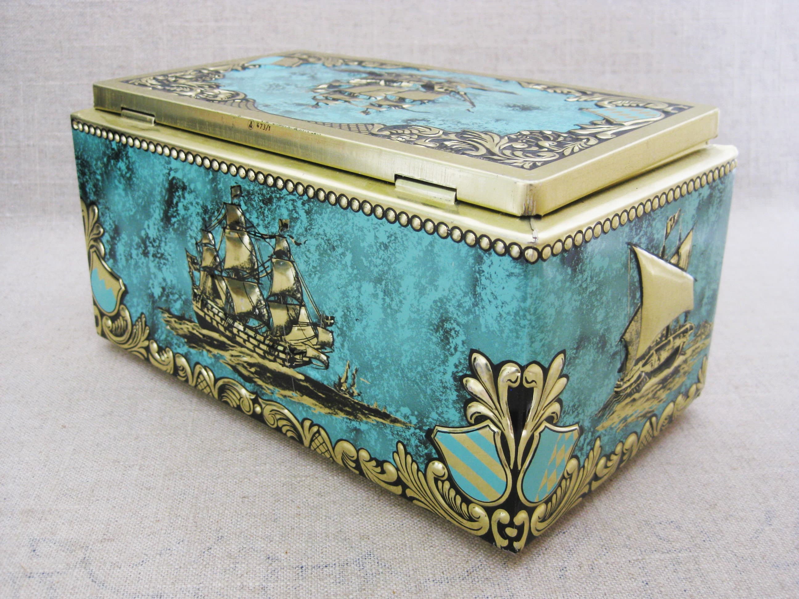 Vintage Metal Cigar Box, Nautical Decor, Wood Lined Biscuit Tin
