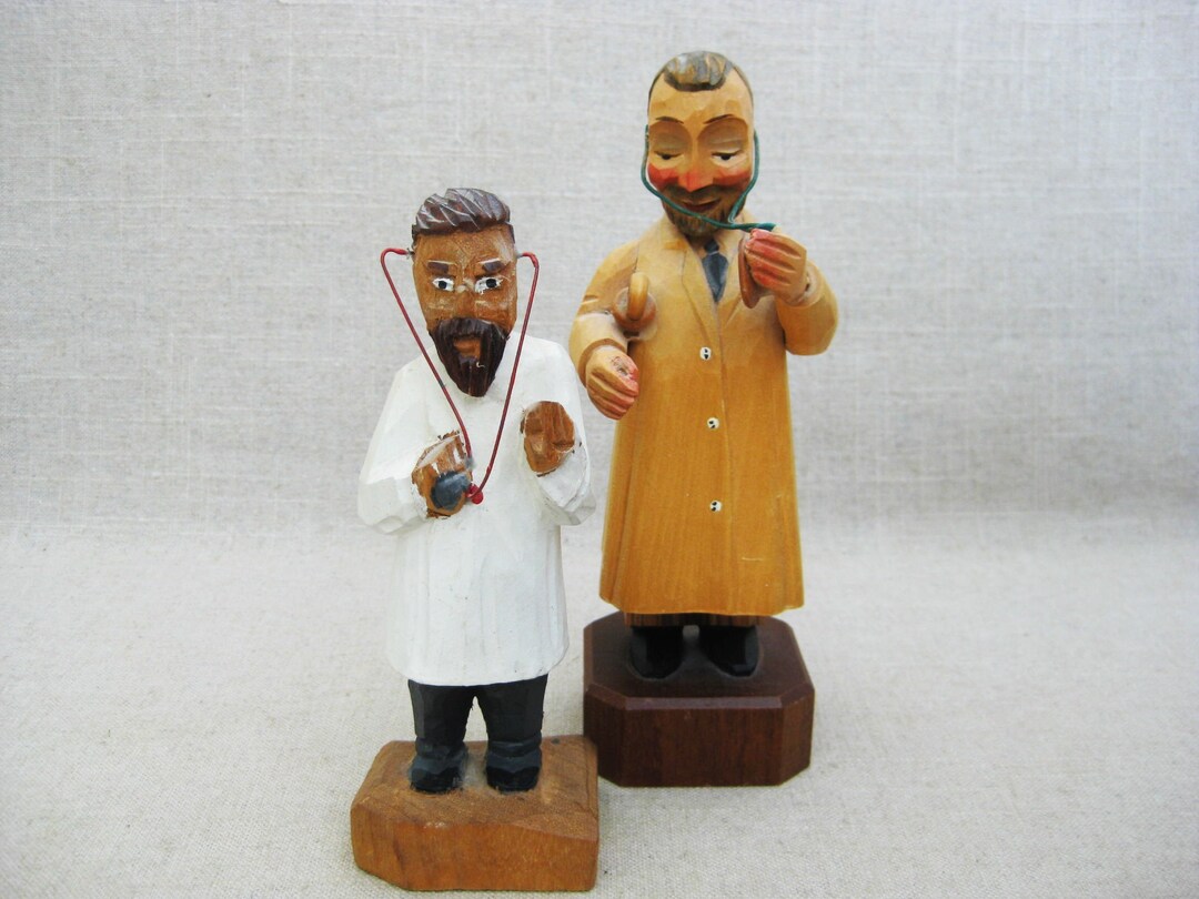Pair Vintage Doctor Folk Art Male Portrait Carving Figurines Medical ...