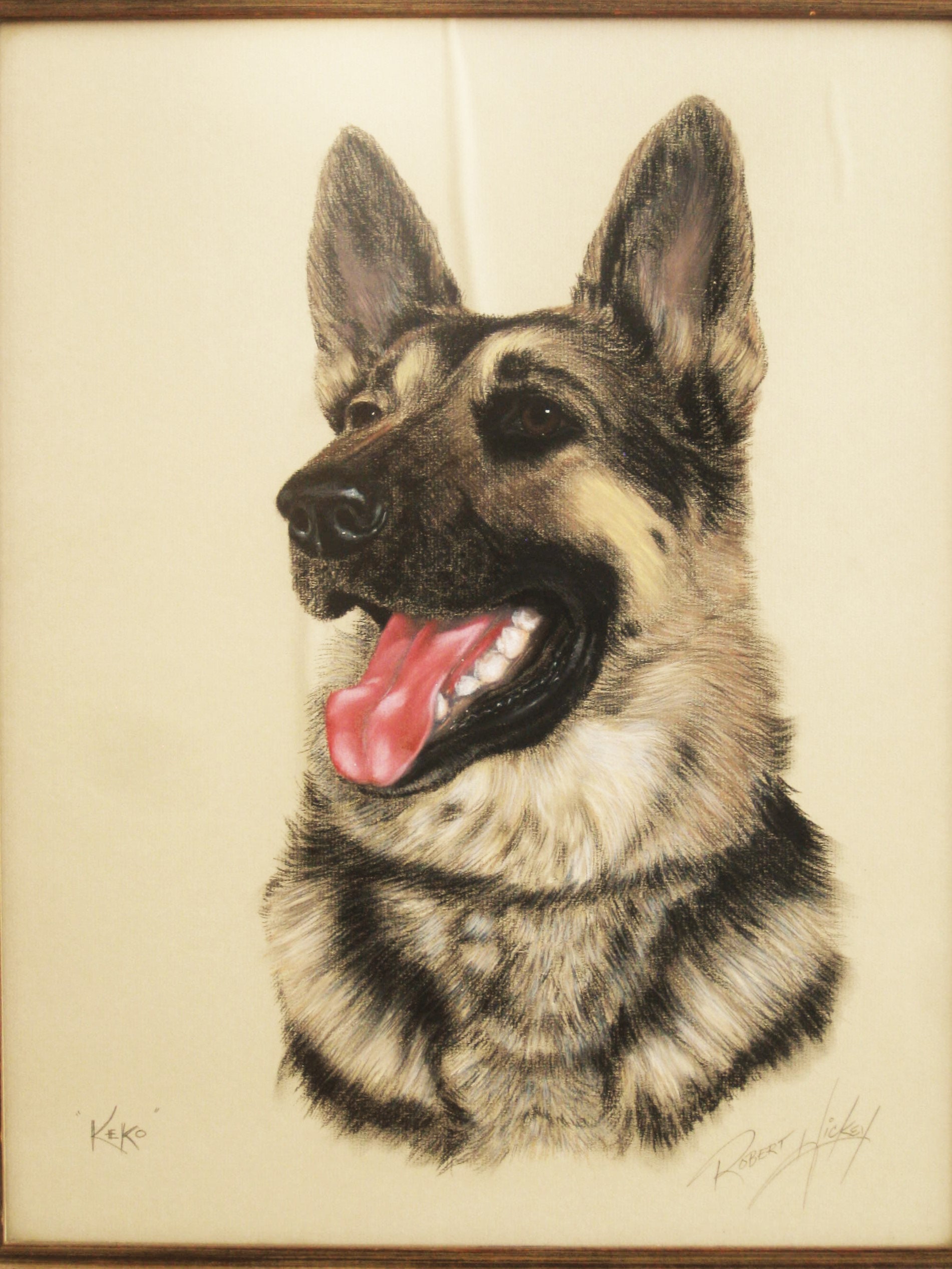 Vintage Robert Hickey Dog Portrait, German Shepherd, Pastel Drawing ...