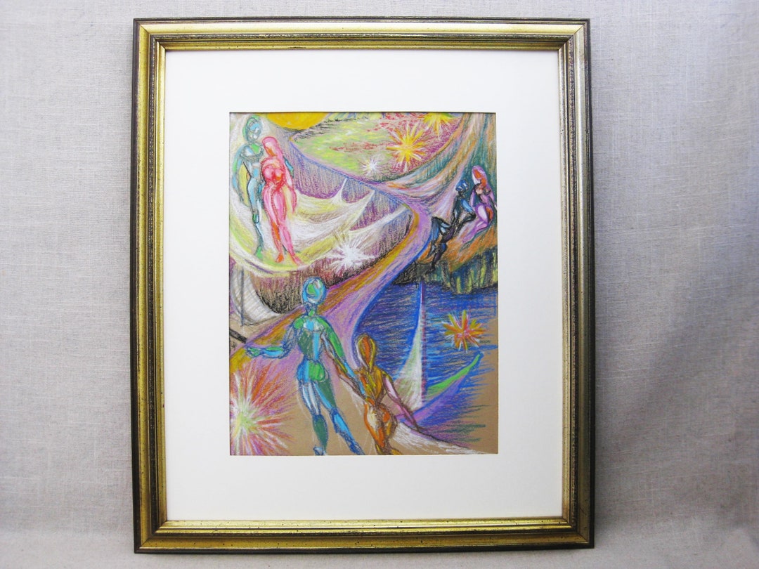 Surreal Female Portrait Drawing, Original Pastel Chalk Framed Vintage ...