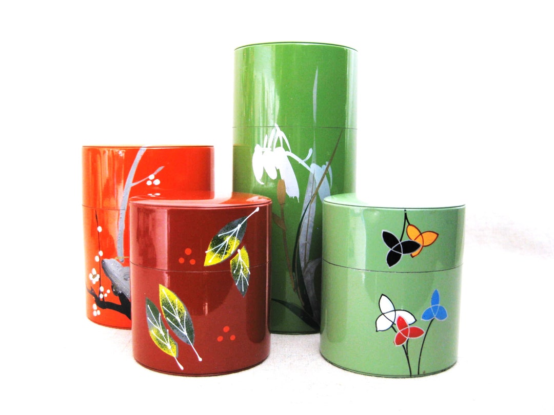 Vintage Tea Tin Canister Set of 4 Asian Style Round Metal Boxes Mid ...