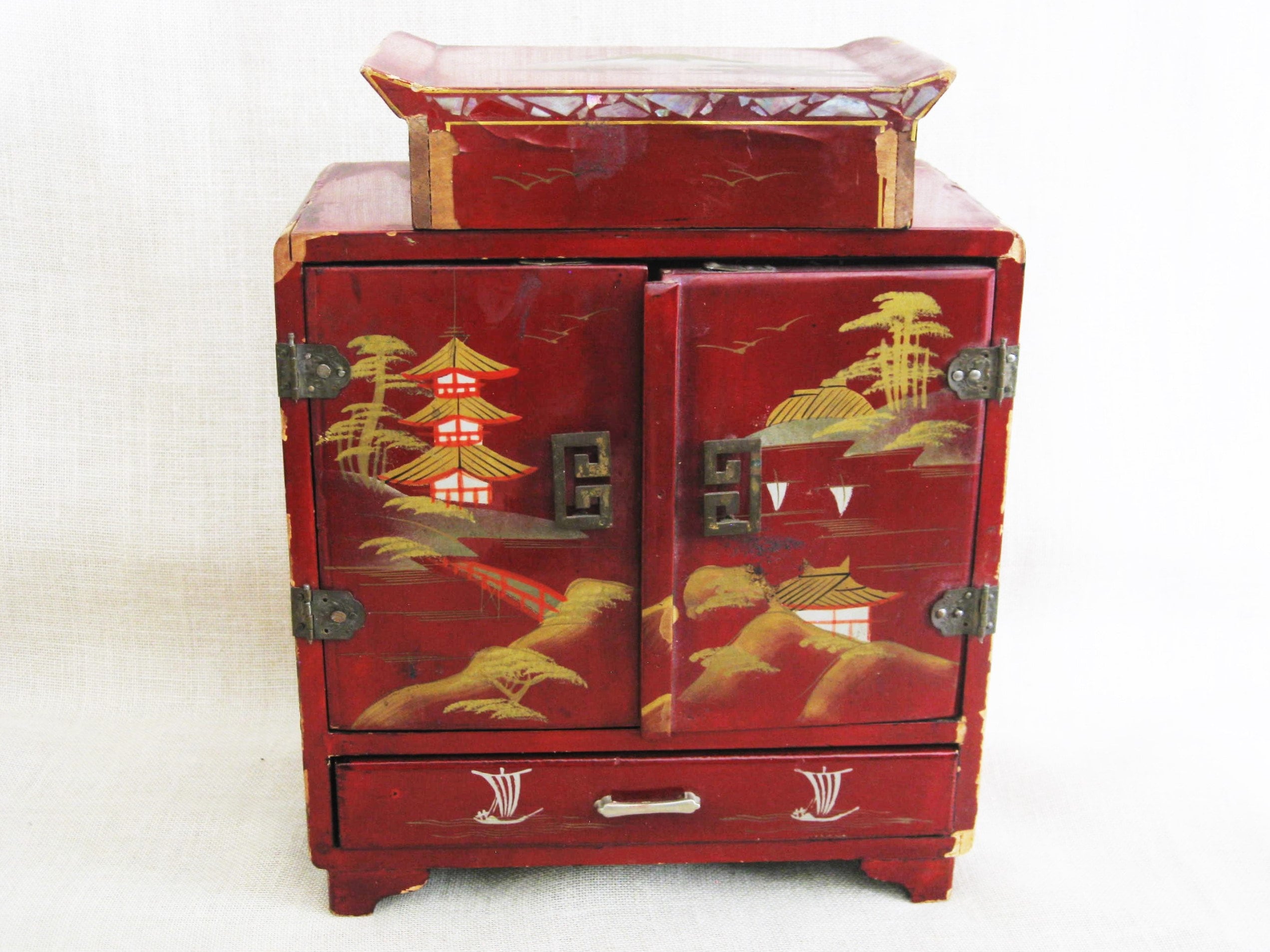 Vintage Japanese Red Lacquer Jewelry Box, Small Chest, Made in Japan