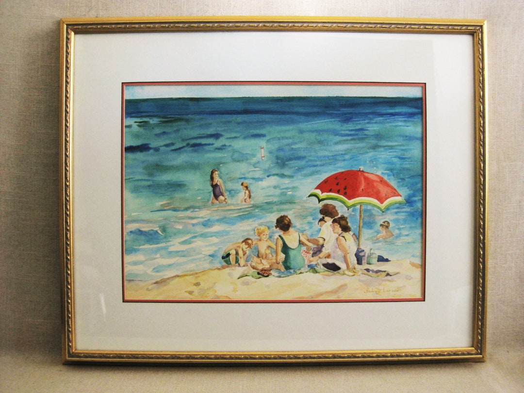 Beach Landscape Watercolor Painting, Vintage Female Portrait, Framed ...