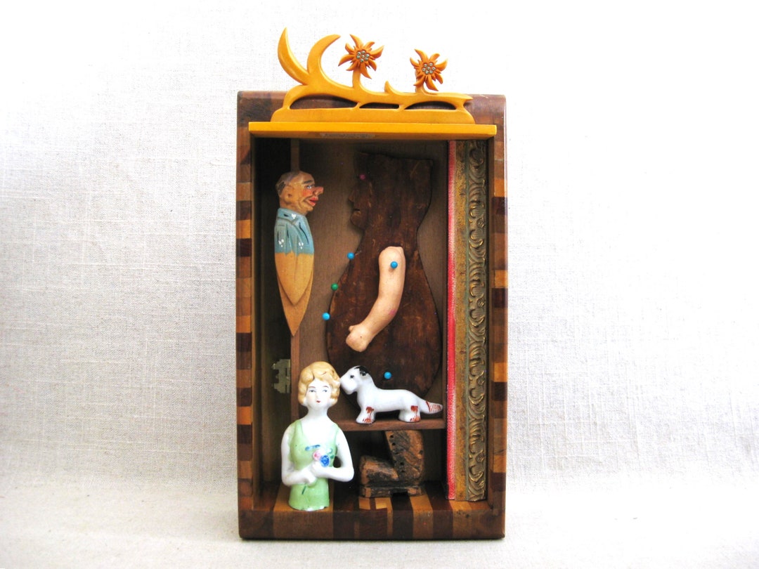 Vintage Shadow Box Assemblage Wall Sculpture, Male Portrait Table Top ...