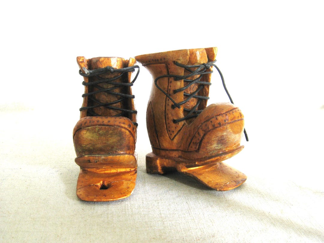 Rustic Wooden Boot Folk Art Carving Sculpture, Miniature Pair Primitive ...