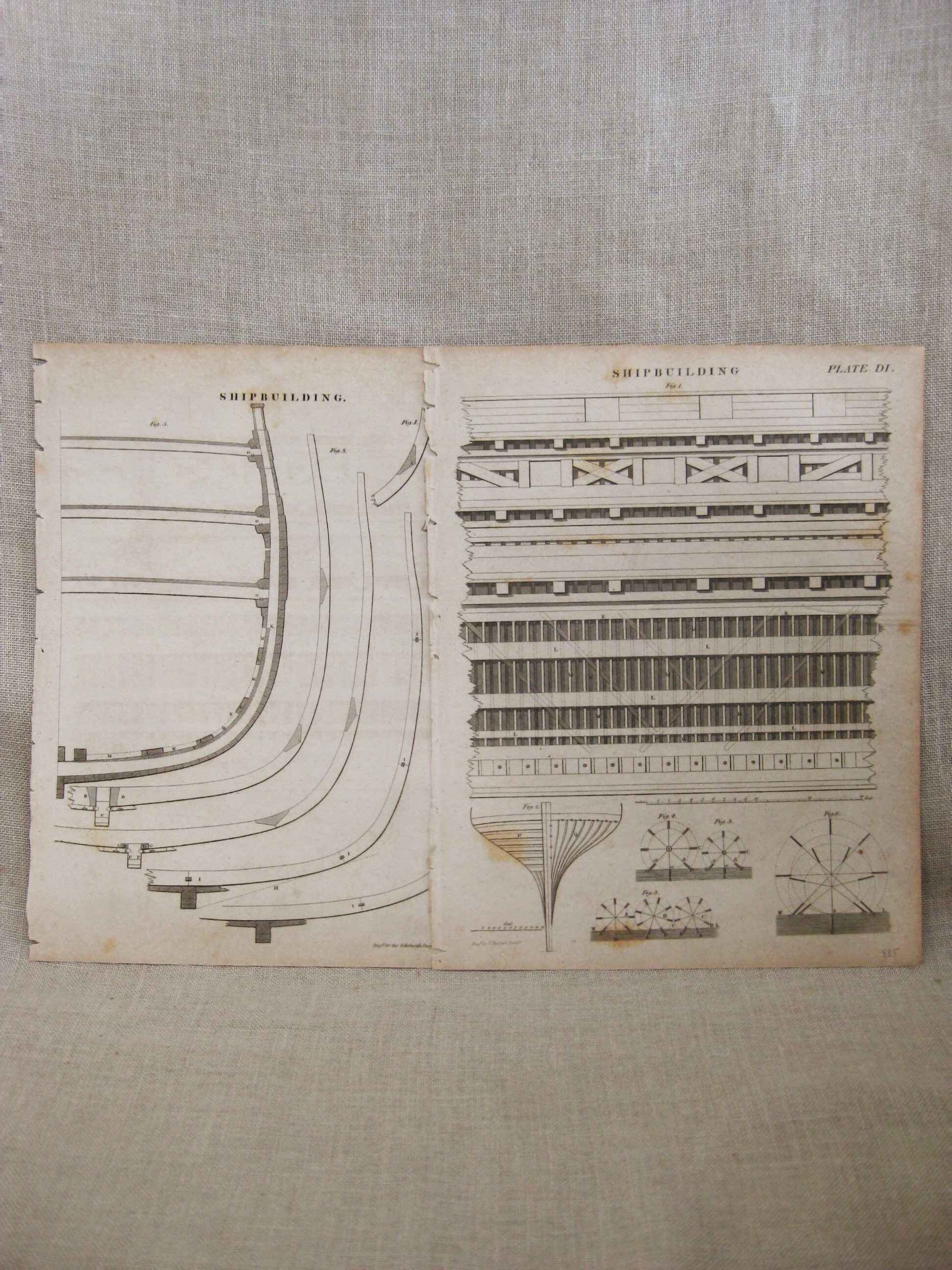 Antique Book Plate Engravings, Ship Building Mechanical Illustration ...
