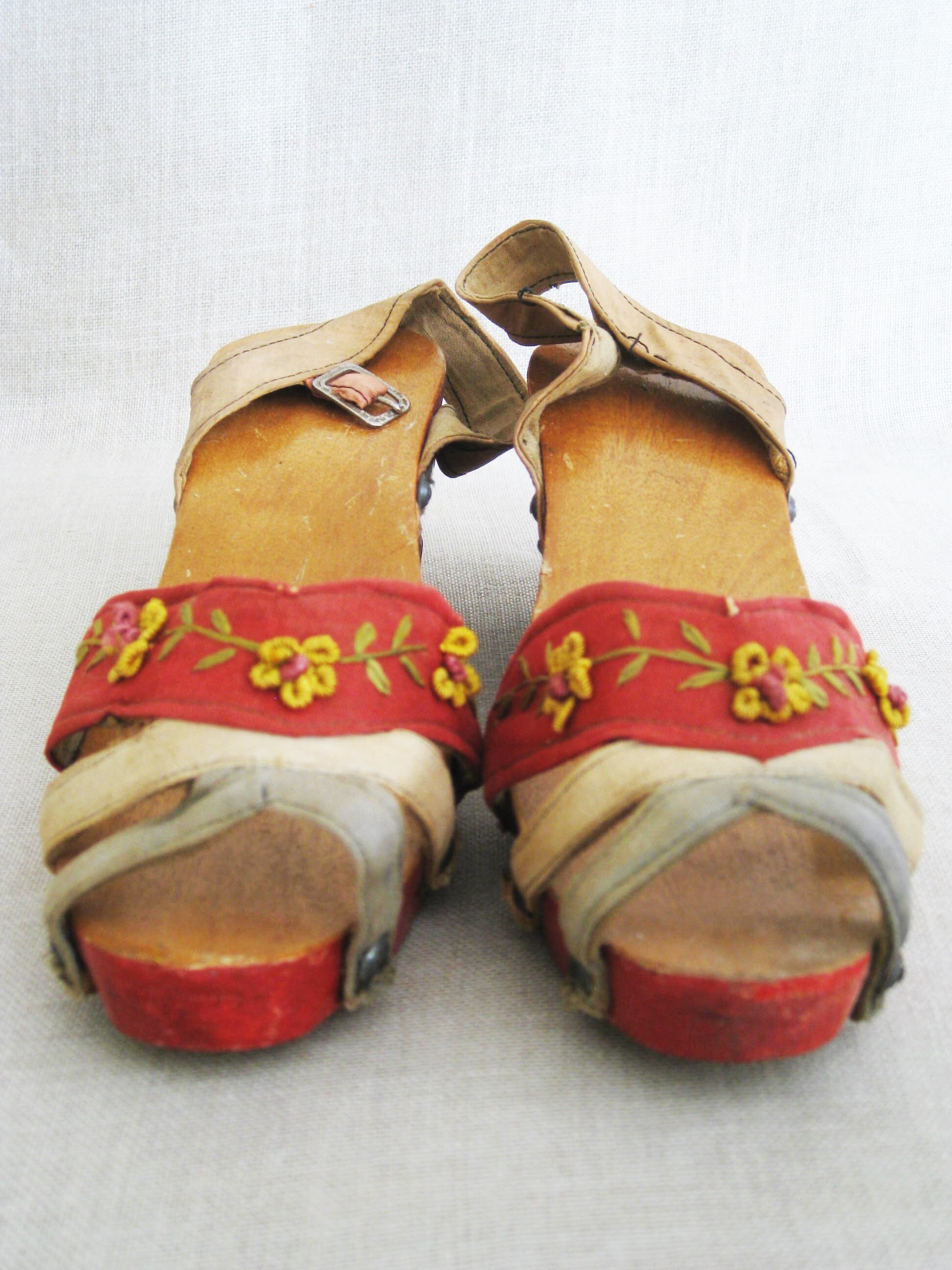 Vintage Platform Sandals, Shoes Hand Carved, Embroidered Fabric, Wooden ...