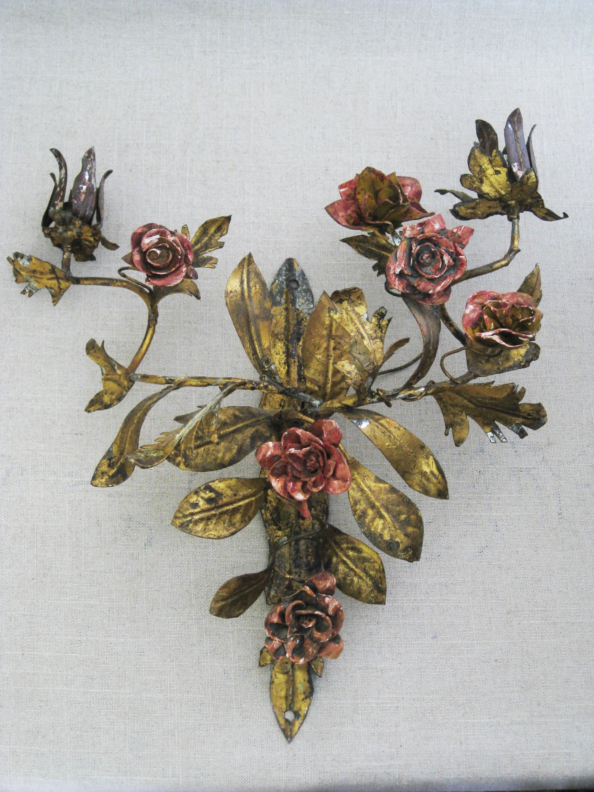 Vintage Italian Metal Tole Wall Sconces, Gold Gilt Floral Wall Decor