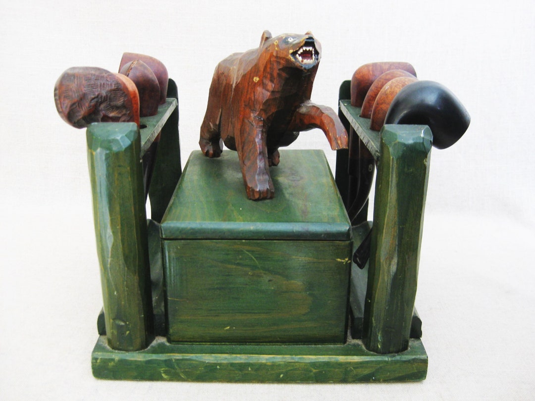 Vintage Pipe Rack Folk Art W Bear Carving, Prison Art From Maine ...