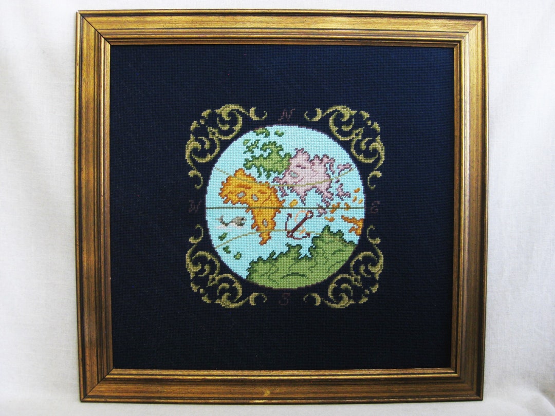 Large World Globe Needlepoint, Framed Embroidery, Vintage Wall Art ...