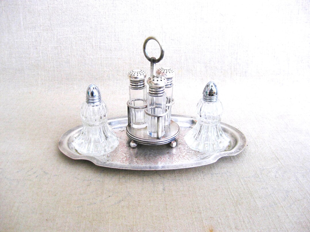 Dining Table Cruet Set, Cut Glass and Silver Plate Serving Tray and ...