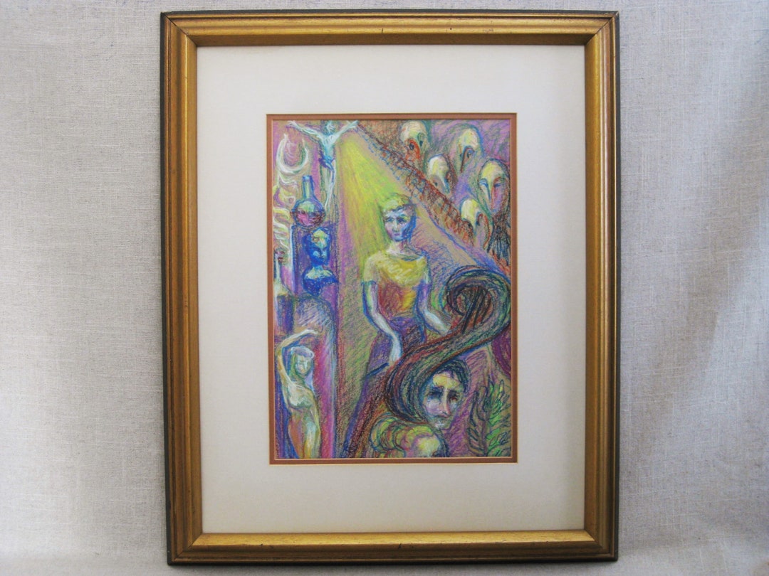 Vintage Surreal Female Portrait Drawing Original Mid-century Pastel ...