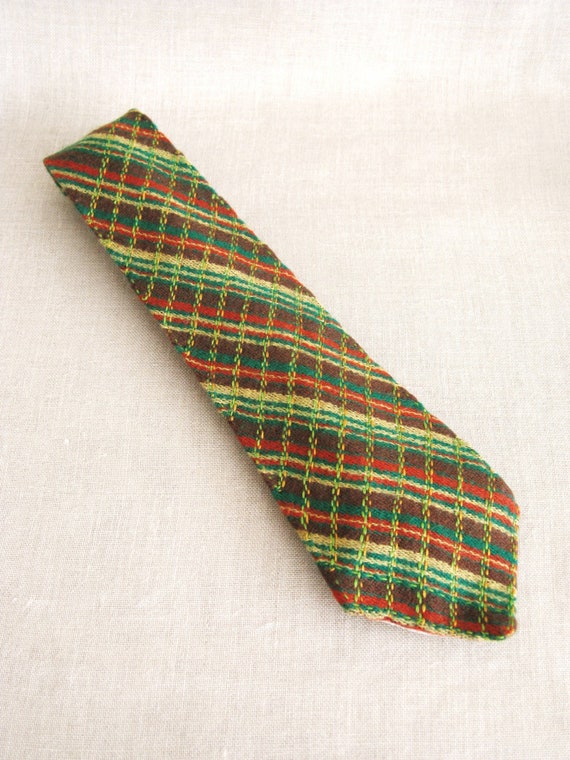 Upcycled Green Stripe Tie, Hand Embroidery, Wool OOAK… - Gem