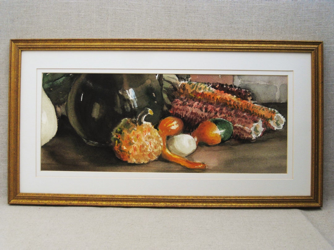 Fall Still Life Painting, Original Watercolor, Framed Gourds Vintage ...