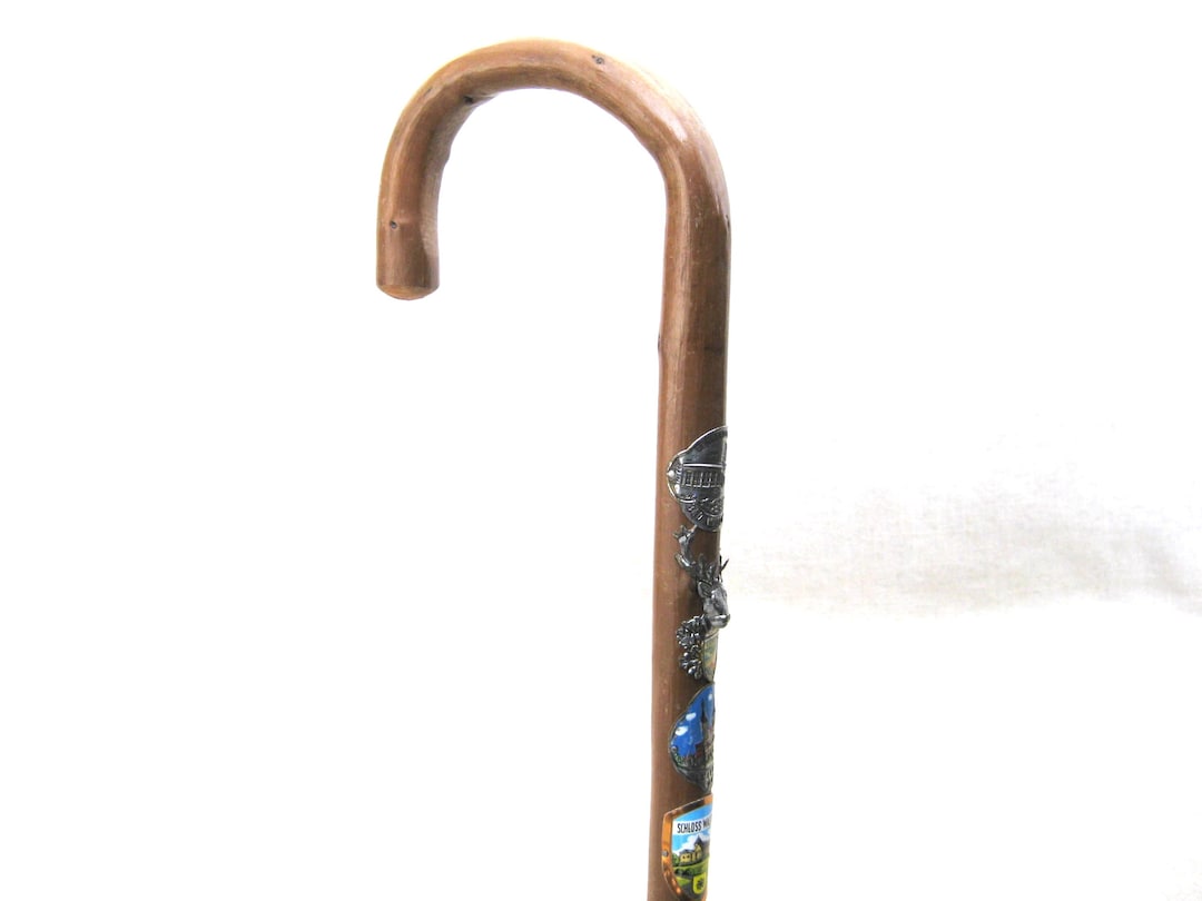 European German Vintage Hiking Memory Cane, Walking Stick With 6 Metal ...