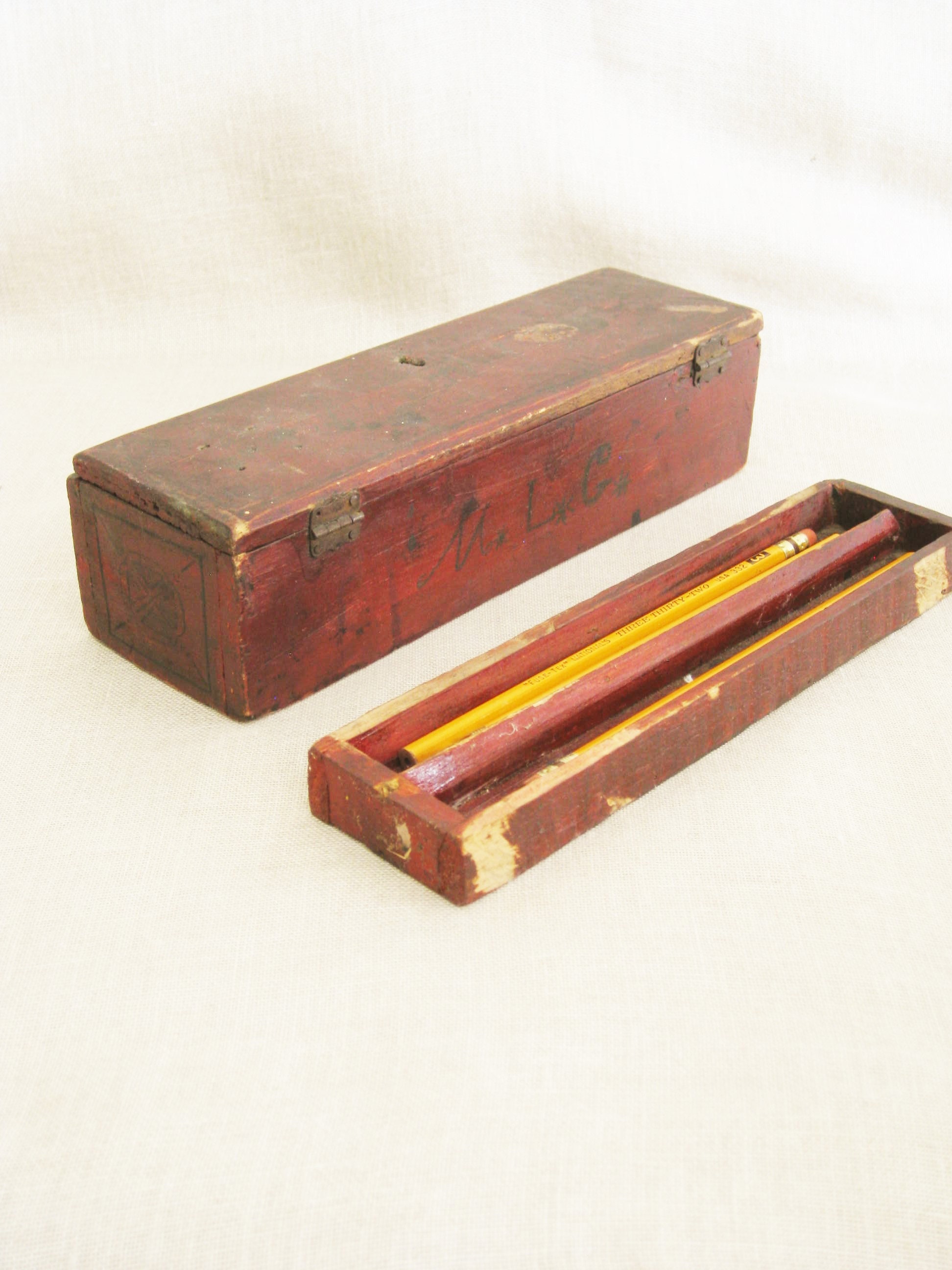 Antique Folk Art Handmade Pencil Box with Hand Painted Monogram, School ...