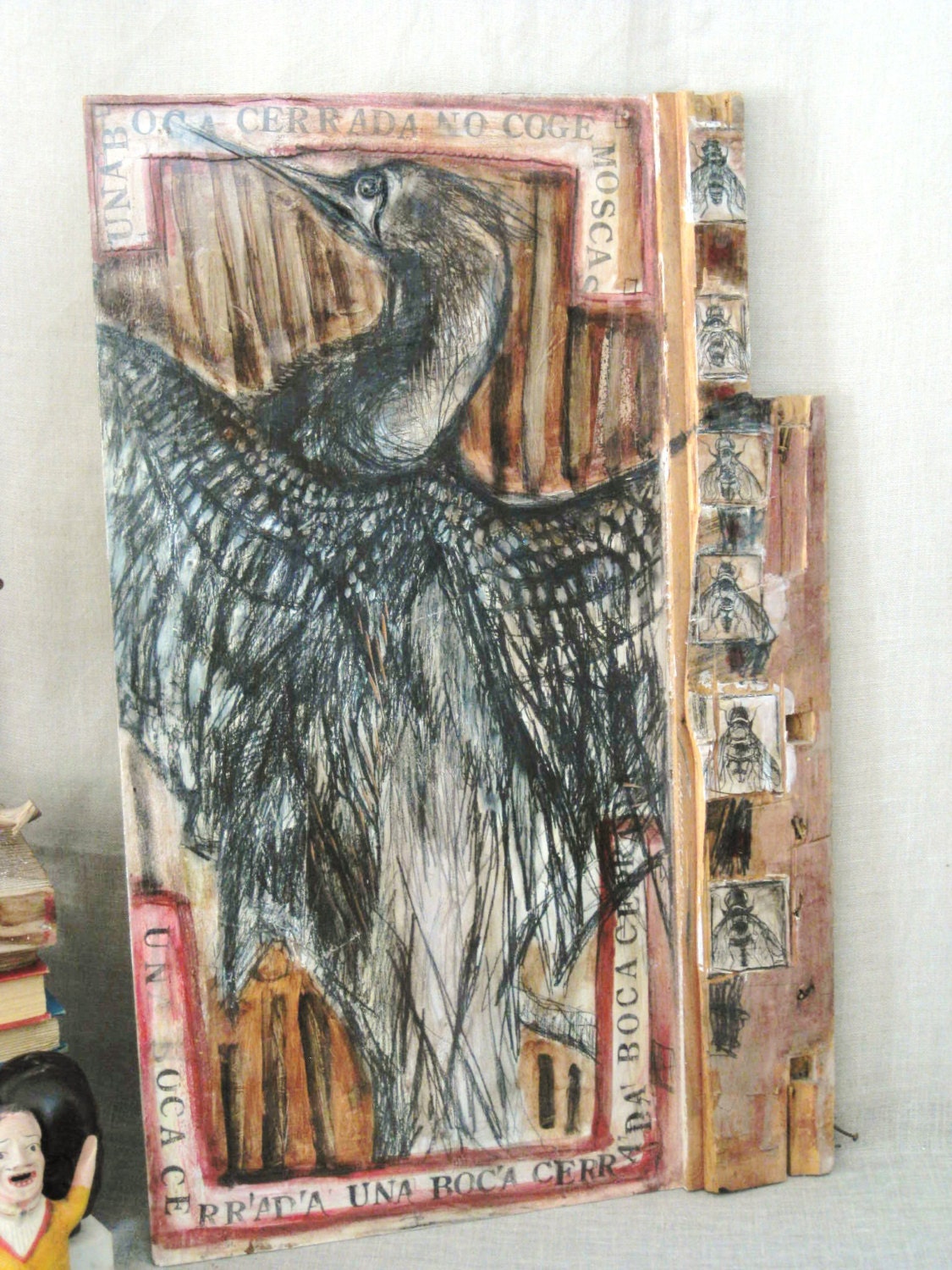 Vintage Folk Art Bird Drawing on Wooden Panel, Painting, Carving ...