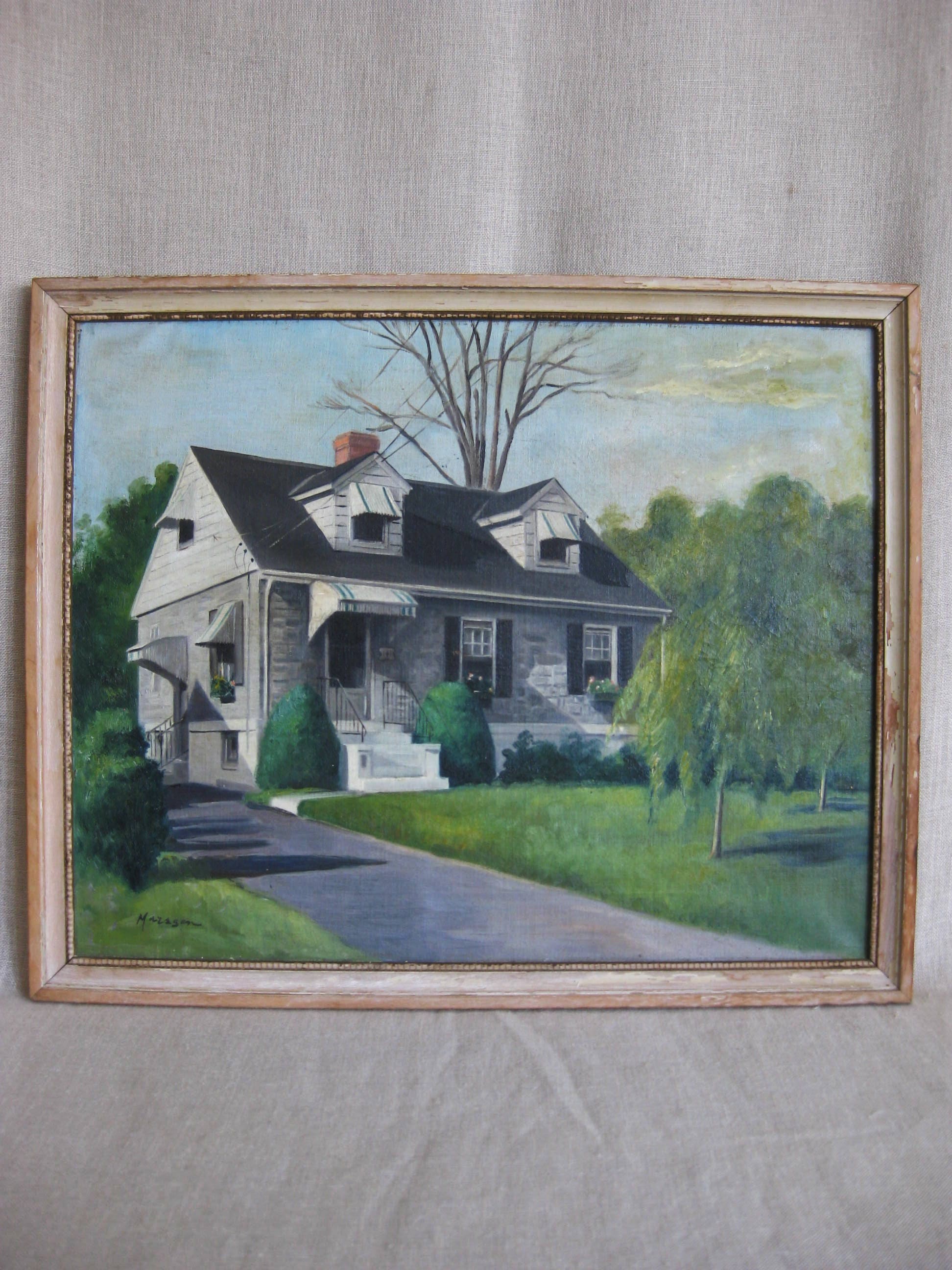 Vintage House Landscape Painting, Architectural, Original Fine Art ...