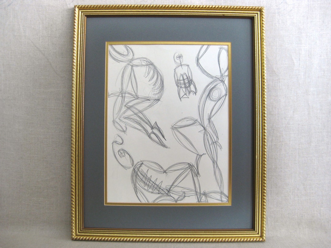 Modern Abstract Portrait Figure Drawing, Original Mid-century Framed ...