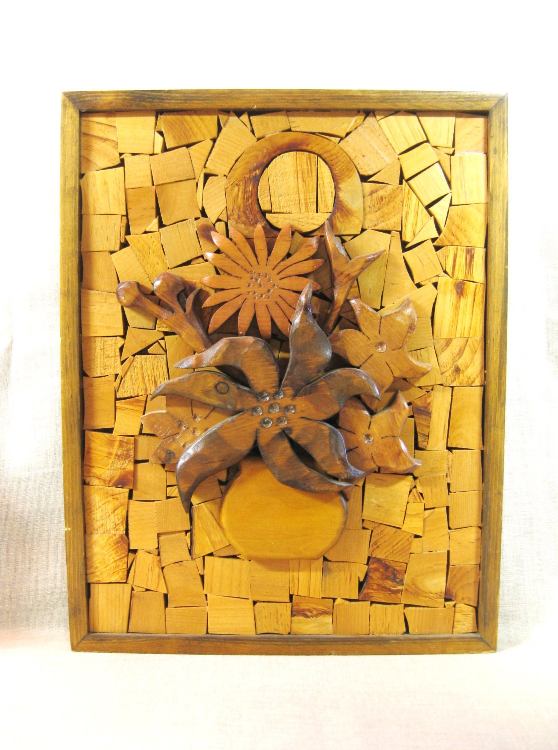 Vintage Folk Art Flower Still Life Wood Carving, Floral Arrangement ...