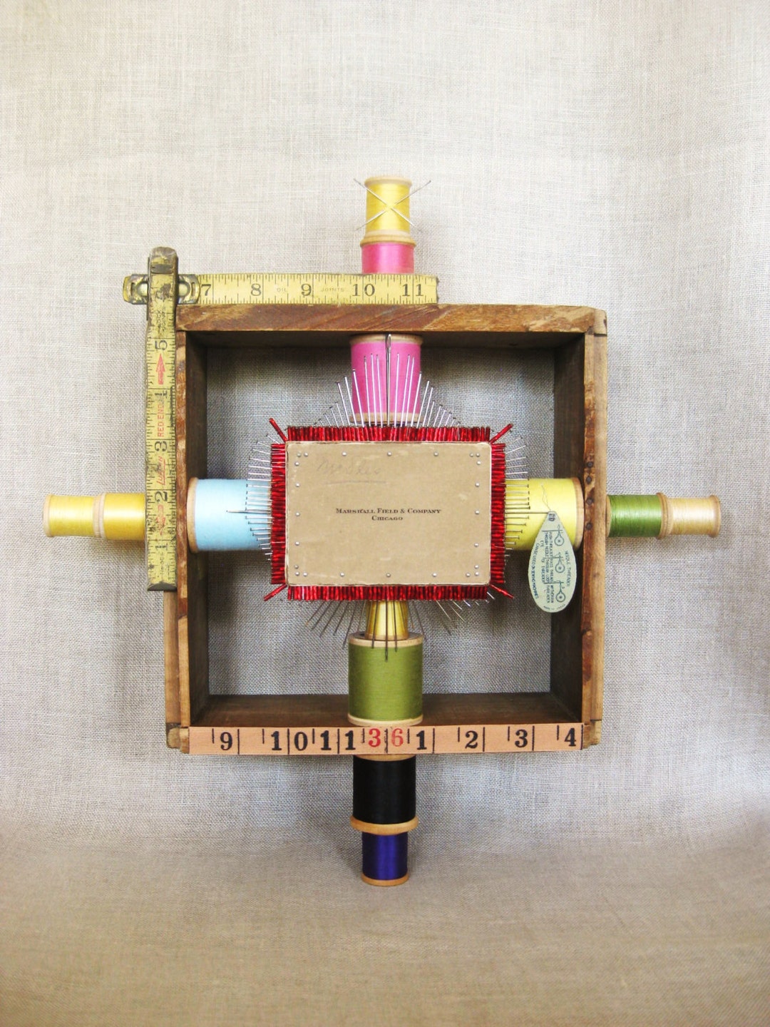 Assemblage Folk Art Wall Sculpture Sewing Theme Found Object Needle ...