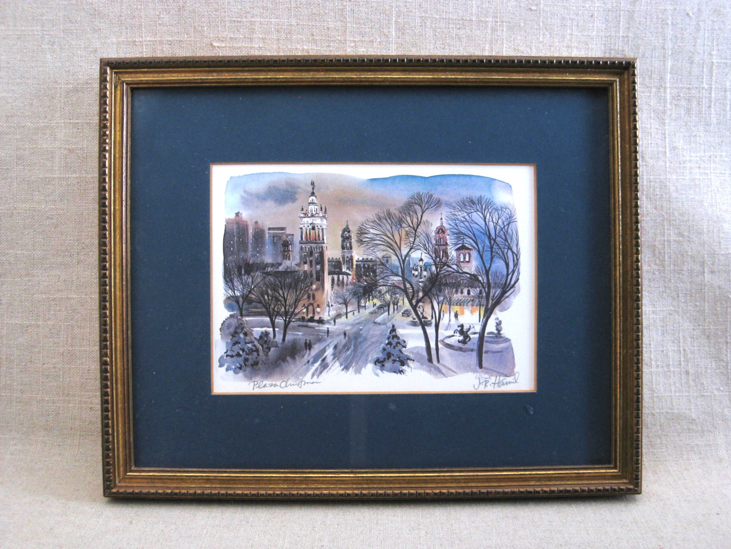 Vintage Urban Winter Landscape Watercolor Framed Print Hand Signed and ...