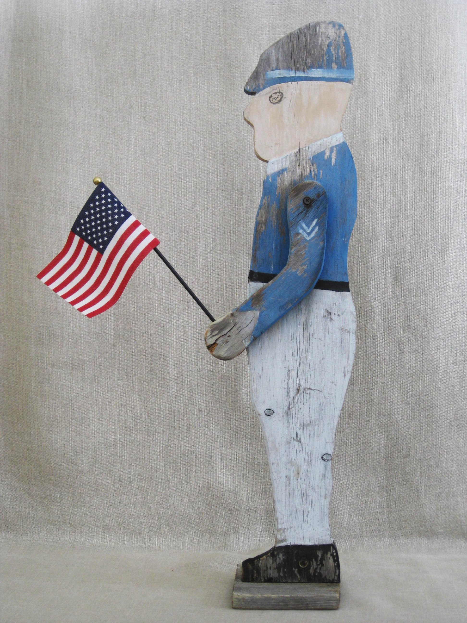 Vintage Primitive Folk Art Flag Holder, Standing Figure, Military, Male ...