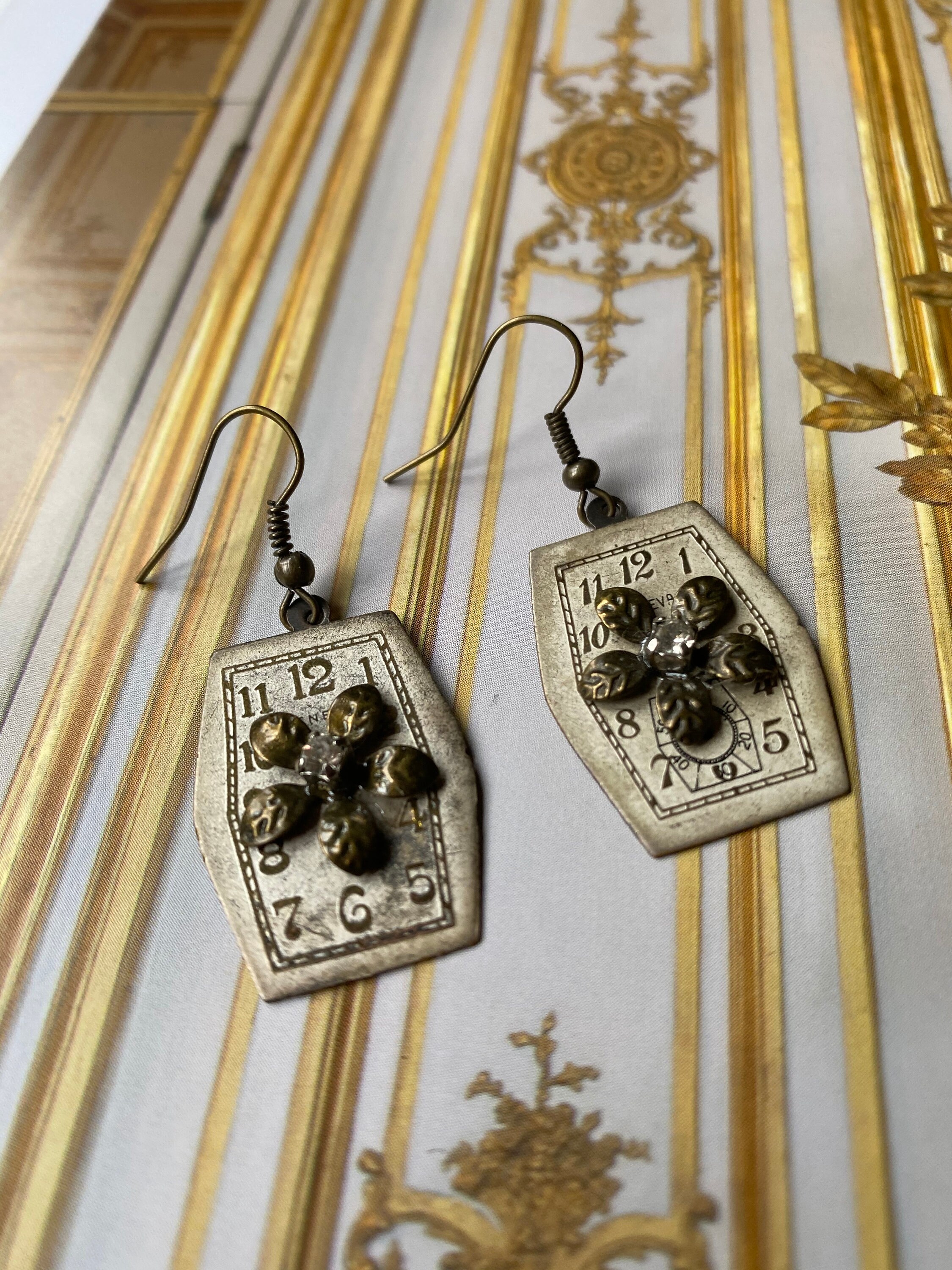 CLOCKWORKS Vintage Watch Dial Earrings With Rhinestones and Metal ...