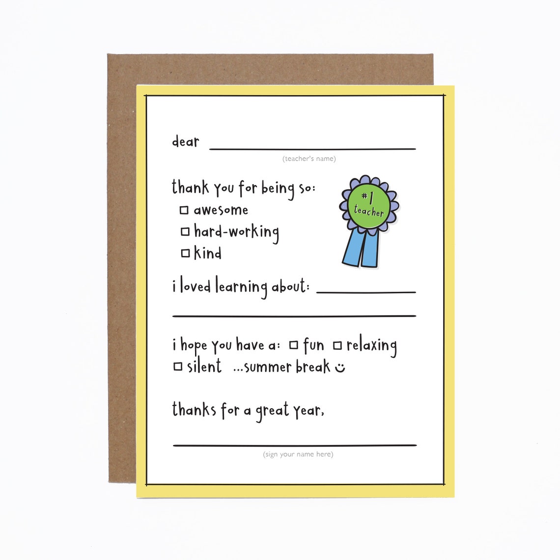 Teacher Thank You Card Fill in the Blank Card Best Teacher - Etsy