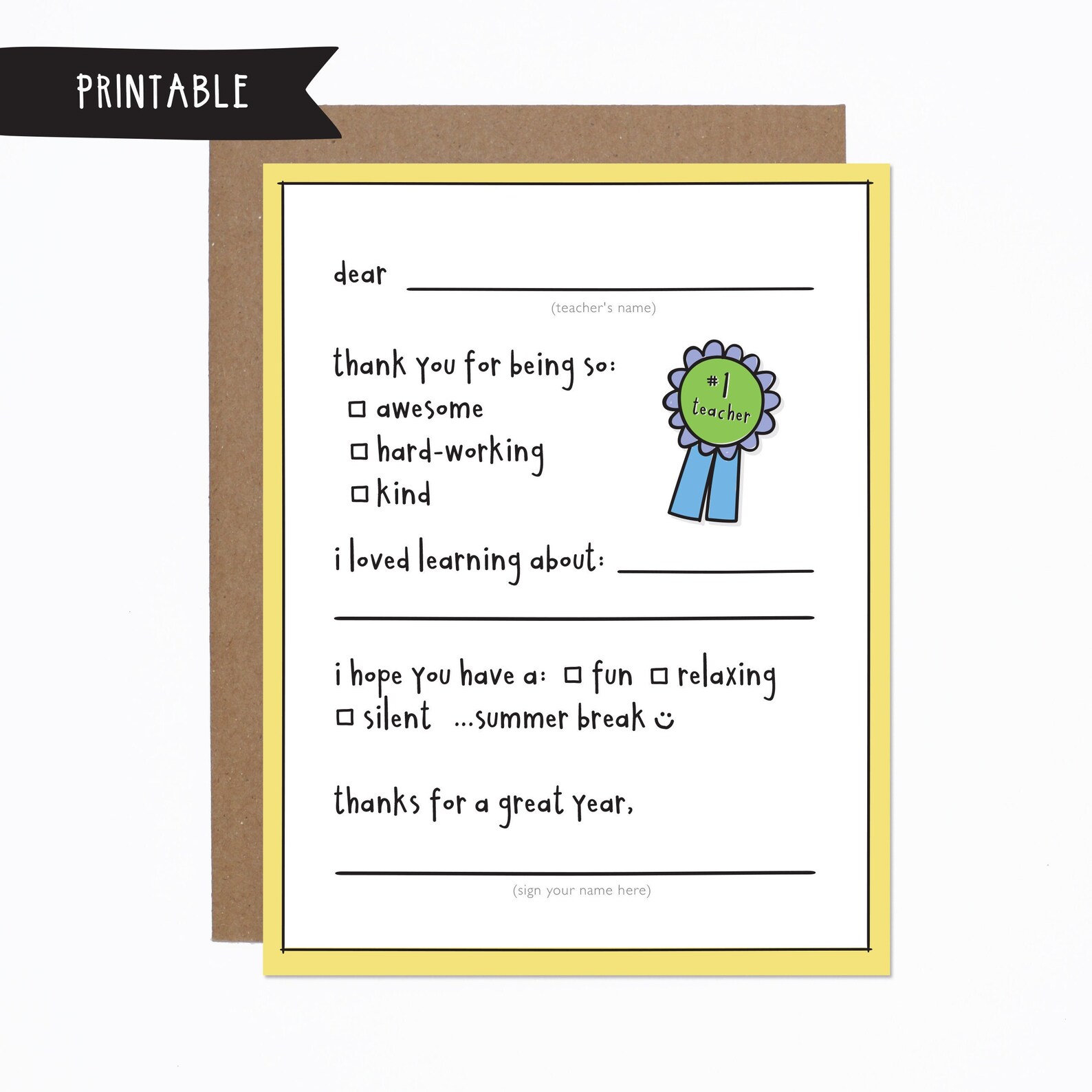 Printable Teacher Fill-in-the-blanks Card: DIY Kids Gift (digital ...