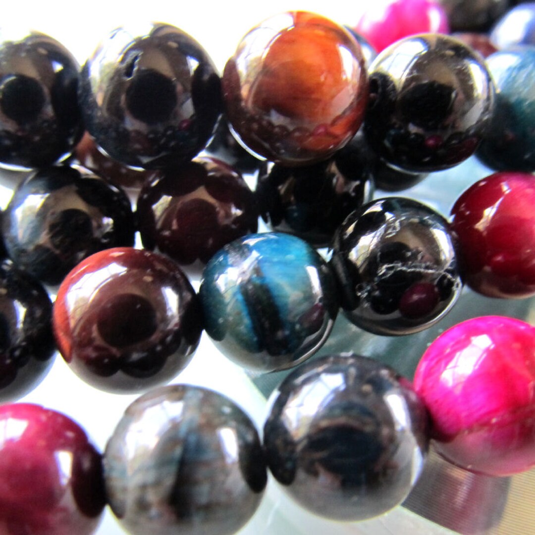 Tiger Eye Beads 12mm Smooth Flashy Dyed Multi Colored Rounds - 8 Pieces ...