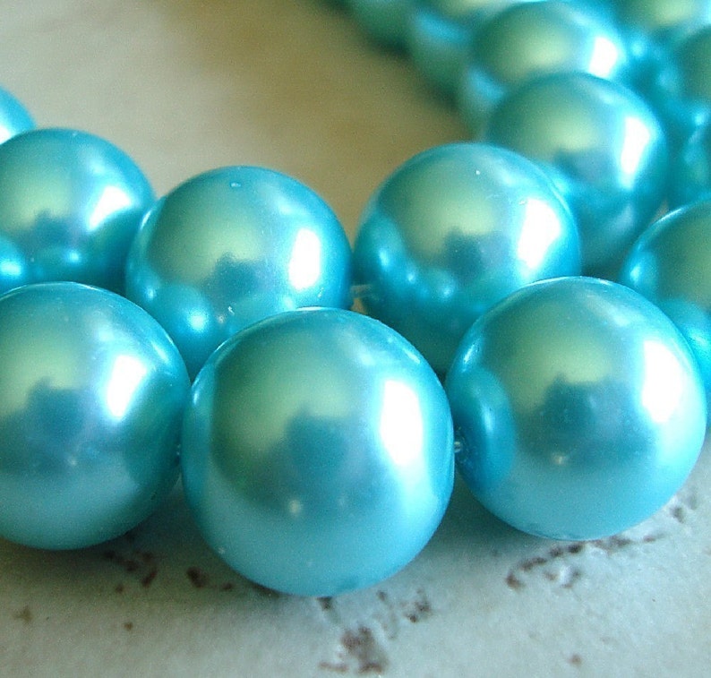 Glass Beads 12mm Shiny Opaque Aqua Blue Pearl Glass Smooth Rounds - 8 ...