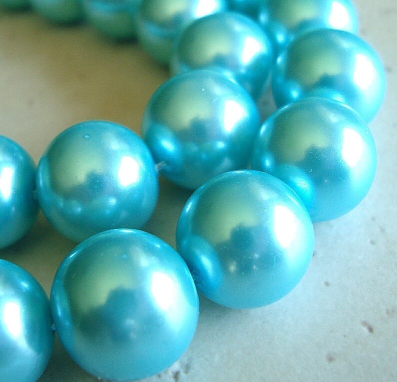 Glass Beads 12mm Shiny Opaque Aqua Blue Pearl Glass Smooth Rounds - 8 ...