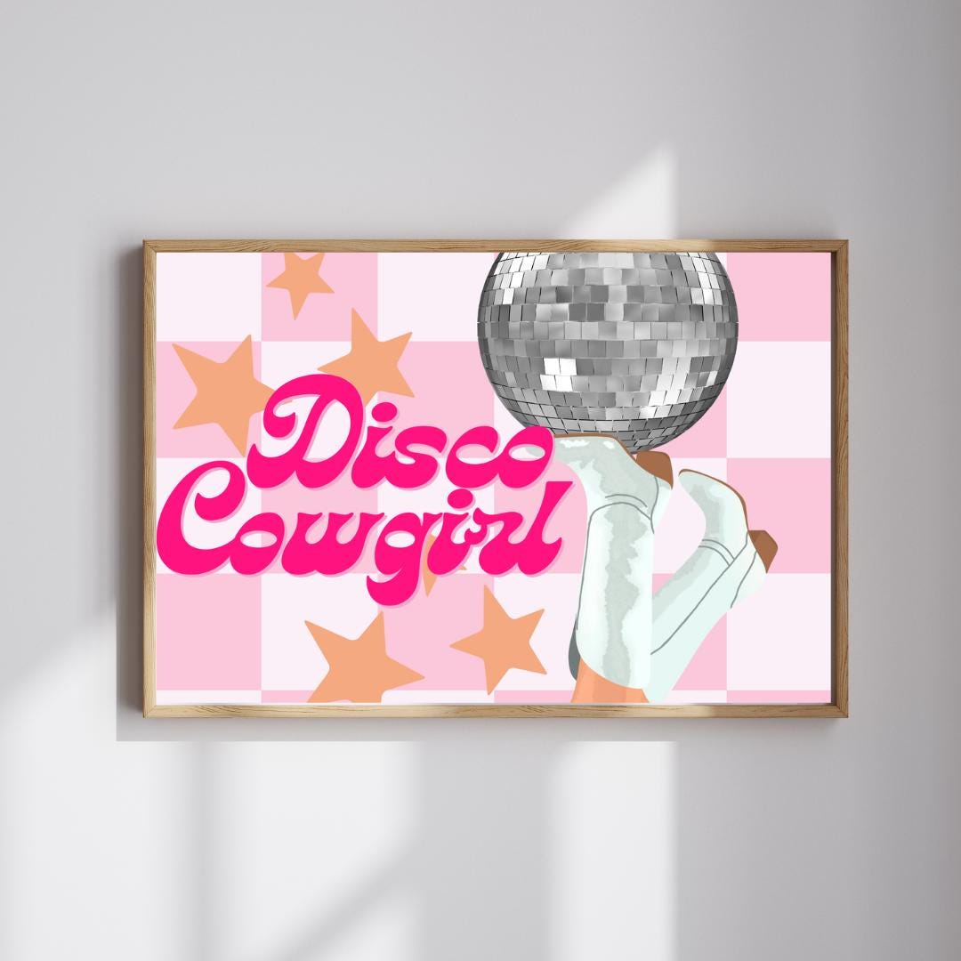 Disco Cowgirl Poster - Retro Pink Western Wall Art With Disco Ball and ...